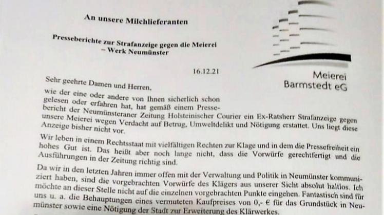 Meierei Barmstedt prüft im Abwasserskandal Rechtsschritte.