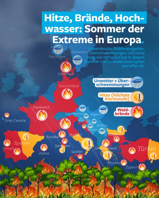 Karte der Extreme: Wo es in Europa Sturm, Hochwasser, Hitze gibt
