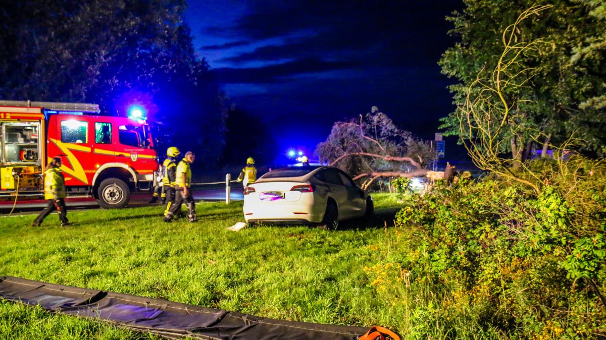 Tesla kommt bei Schuby von der A7 ab und kracht gegen Baum